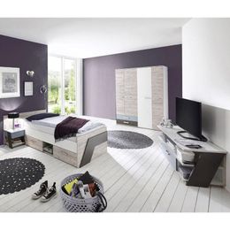 Lomadox Jugendzimmer Set 4-teilig LEEDS-10 in Sandeiche Nb. mit weiß, Lava und Denim Blau mit Lowboard - grau