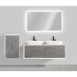 Bernstein - Badmöbel Fiona 1200 Weiß matt - Front Beton- oder Eiche-Optik - Seitenschrank, Waschbecken und Spiegel optional Ohne Spiegel, Ohne