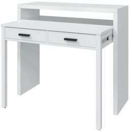 Konsolentisch Damodi, Schreibtisch mit ausziehbarer Platte, PC-Schreibtisch mit 2 Schubladen, 99x36h88 cm, glänzendes Weiß und Anthrazit - Dmora