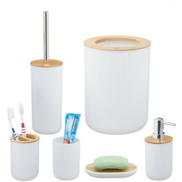 Badezimmer Set, 6-teilig, Badaccessoires Kunststoff, Bambus, komplette Badezimmerausstattung, Badset, weiß - Relaxdays