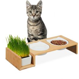 Relaxdays - Katzen Futterstation mit Katzengras Schale, 2 Keramiknäpfe je 400 ml, spülmaschinenfest, Katzenbar, natur/weiß