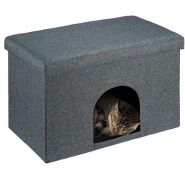Katzenhöhle mit Sitzauflage, faltbarer Sitzhocker, Versteck für Katzen & Hunde, HxBxT: 38,5x64,5x37,5 cm, grau - Relaxdays