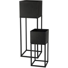 Spetebo - Metall Blumentopf Ständer 2er Set schwarz für Außen - 58 / 37 cm - Garten Pflanzsäule mit integriertem Übertopf - Blumenhocker Blumentreppe