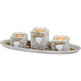 Spetebo Teelichthalter Dekoset 8-teilig mit Tablett - shabby weiß - Tischdeko Set inklusive Steine - Kerzen Tablett Teelicht Halter Tisch Deko Landhaus