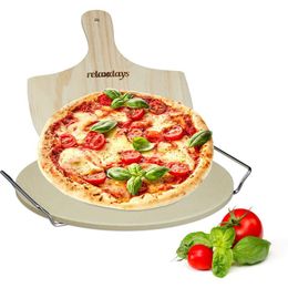 Relaxdays Pizzastein Set 1 cm Stärke mit Metallhalter und Pizzaschieber aus Holz hbt 4 x 32 x 32 cm runder Brotbackstein für Pizza und Flammkuchen mit