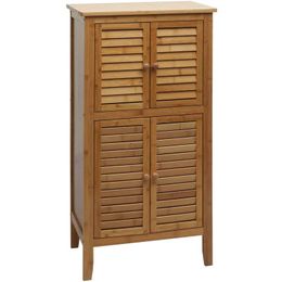Neuwertig] Badezimmerschrank HHG 669, Regal Kommode, 4 Türen Bambus 100x50x30cm - brown