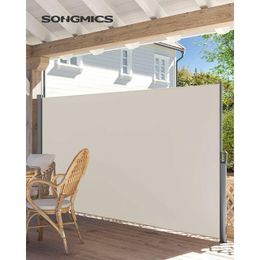 Songmics Seitenmarkise, ausziehbar, 1,6 x 3,5 m (h x l), für Balkon, Terrasse und Garten, mit Bodenhalterung, Sichtschutz, Sonnenschutz, Seitenrollo, beige