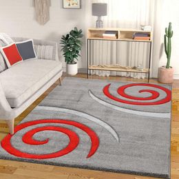 Vimoda - Teppich Kurzflor spiral zeichnung dicht gewebt dick und weiche Oberfläche Grau Rot Konturenschnitt aus Hand für Wohnzimmer, Schlafzimmer,