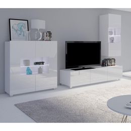 Lomadox Wohnzimmer Set mit Highboard in weiß Hochglanz mit led Beleuchtung CAIRNS-132, b/h/t ca. 265/200/43 cm - weiß