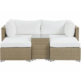Beliani - Lounge Set Rattan Hellbraun 2-Sitzer mit 2 Eckteilen 2 Ottomanen und Auflagen in Cremeweiß Klassisch Gartenausstattung Terrasse - Weiß