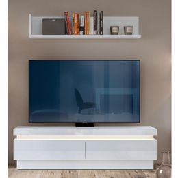 Lomadox Wohnzimmer TV-Möbel Set, Lowboard & Wandboard, in weiß Hochglanz mit indirekter Beleuchtung, LYNDHURST-129, b/h/t ca. 147/165/42 cm - weiß