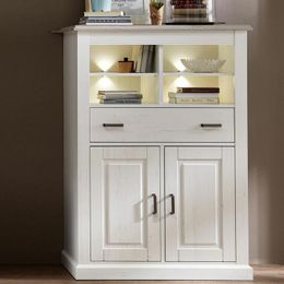 Lomadox Landhaus Highboard Vitrine inkl. LED-Beleuchtung LEER-55 in Pinie weiß mit Abs. taupe, b/h/t ca. 99/142/42cm - grau