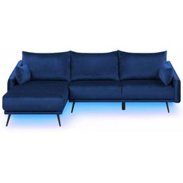 Beliani Ecksofa Dunkelblau Samtstoff 3-Sitzer L-Förmig Rechtsseitig Glamourös led Licht Wohnzimmer - Schwarz