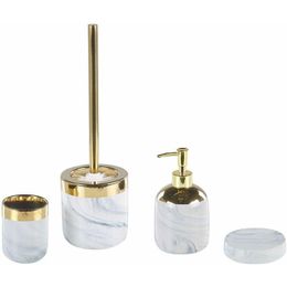 Beliani Badezimmer Set Weiß und Gold Keramik 4-teilig Trinkglas Seifenschale Seifenspdender Toilettenbürste Badezimmer - Gold