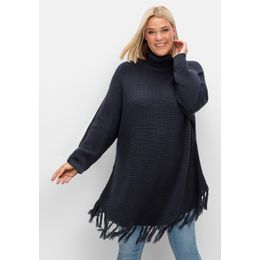 sheego Große Größen: Gerippter Poncho-Pullover mit Fransensaum, nachtblau, Gr.48/50