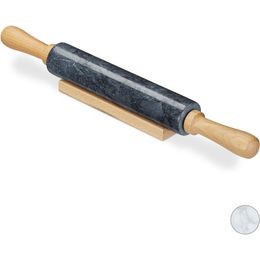 Relaxdays - Nudelholz Marmor, Griffe aus Holz, Teigroller zum Kochen & Backen, Ablage, 48 cm, schwere Backrolle, schwarz