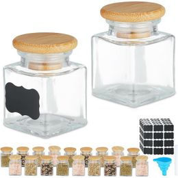 Gewürzgläser 20er Set, Gewürzdosen Glas, 50 ml, mit Etiketten, Stift & Trichter, Bambus, transparent/natur - Relaxdays