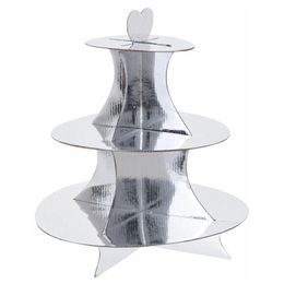 Spetebo Karton Etagere 34 x 30 cm mit 3 Ablagen - silber - Servierplatte mit Herz Tragegriff - Dessert Muffin Kuchen Platte Papp Ständer