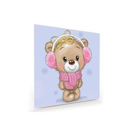 Primedeco Glasbild Wandbild Quadratisch Cartoon Teddybär mit Schal mit Aufhängung