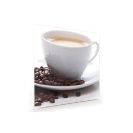 Primedeco Glasbild Wandbild Quadratisch Kaffeebohnen auf Tasse mit Aufhängung
