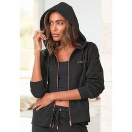 Lascana Kapuzensweatjacke Homewear mit kupferfarbenen Reißverschluss und Logostickerei, Loungeanzug, schwarz