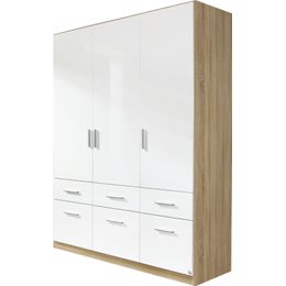 Drehtürenschrank Rauch "Celle" Schränke Gr. B/H/T: 136 cm x 197 cm x 54 cm, mit Schubkästen, 3 St., weiß (struktureichefarben hell, hochglanz weiß) Drehtürenschränke