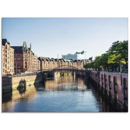 Glasbild Artland "Hamburg Speicherstadt" Bilder Gr. B/H: 80 cm x 60 cm, Glasbild Deutschland Querformat, 1 St., beige (naturfarben) Glasbilder