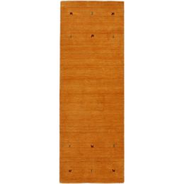 Wollteppich CarpetFine "Gabbeh Uni" Teppiche Gr. B/L: 80 cm x 350 cm, 15 mm, 1 St., gelb Orientalische Muster reine Wolle, handgewebt, Gabbeh Loom Tiermotiv, auch als Läufer