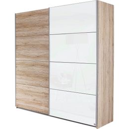 Schwebetürenschrank Rauch "Subito" Schränke Gr. B/H/T: 181 cm x 197 cm x 61 cm, 1 Weißglas- und 1 Dekortür, 2 St., beige (struktureichefarben hell, weißglas) Schranksysteme und Schrankserien