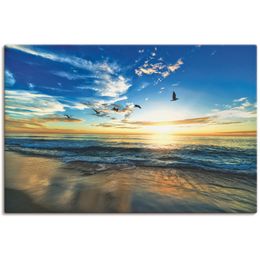 Wandbild Artland "Strand Möwen Meer Sonnenuntergang" Bilder Gr. B/H: 90 cm x 60 cm, Leinwandbild Sonnenaufgang & -untergang, 1 St., blau Kunstdrucke