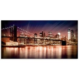 Glasbild Artland "Manhattan Sonnenuntergang" Bilder Gr. B/H: 100 cm x 50 cm, Glasbild Brücken Querformat, 1 St., lila Glasbilder