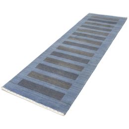 Wollteppich morgenland "Loribaft Teppich Stripy" Teppiche Gr. B/L: 80 cm x 250 cm, 14 mm, 2 m², 1 St., blau Schurwollteppiche