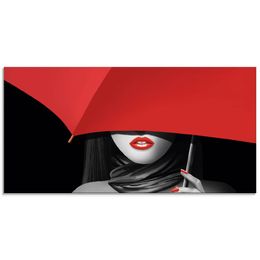 Glasbild Artland "Rote Lippen unter dem Regenschirm" Bilder Gr. B/H: 100 cm x 50 cm, Glasbild Frau Querformat, 1 St., rot Glasbilder