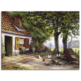 Wandbild Artland "Hühner auf dem Hof" Bilder Gr. B/H: 120 cm x 90 cm, Leinwandbild Garten Querformat, 1 St., grün Kunstdrucke
