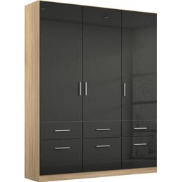 Drehtürenschrank Rauch "Celle" Schränke Gr. B/H/T: 136 cm x 210 cm x 54 cm, mit Schubkästen, 3 St., grau (struktureichefarben hell, hochglanz grau) Drehtürenschränke