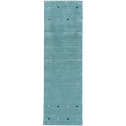 Wollteppich CarpetFine "Gabbeh Uni" Teppiche Gr. B/L: 80 cm x 400 cm, 15 mm, 1 St., blau (türkis) Orientalische Muster reine Wolle, handgewebt, Gabbeh Loom Tiermotiv, auch als Läufer