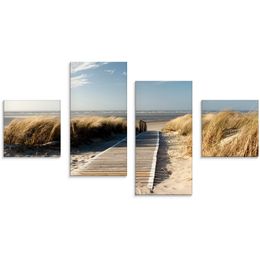 Glasbild Artland "Nordseestrand auf Langeoog - Steg" Bilder Gr. B/H: 120 cm x 70 cm, Strand, 4 St., beige (naturfarben) Glasbilder