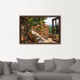 Wandbild Artland "Fensterblick Rosen auf Balkon Toskana" Bilder Gr. B/H: 100 cm x 70 cm, Leinwandbild Garten Querformat, 1 St., braun Kunstdrucke