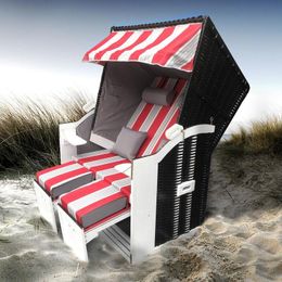 Brast - Strandkorb Sylt 2-Sitzer für 2 Personen 115cm breit rot grau weiß gestreift extra Fußkissen incl. Abdeckhaube Gartenliege Sonneninsel
