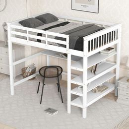 Kinderhochbett 140 x 200 mit Stauraum und Schreibtisch unter dem Bett, weiß