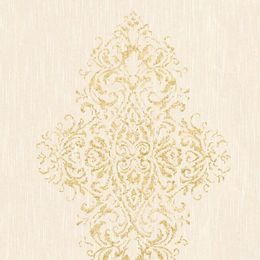 Crème Tapete mit Gold Ornament Neobarock Tapete mit Gold Glitzer Effekt ideal für Schlafzimmer Elegante Textiltapete auf Vlies - Beige, Gold
