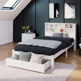 Massivhol Bett Einzelbett mit Schublade und weißem Bücherregal-Kopfteil - 90x200 cm