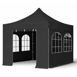 3x3 m Faltpavillon, premium Stahl 40mm, feuersicher, Seitenteile mit Sprossenfenstern, schwarz - schwarz