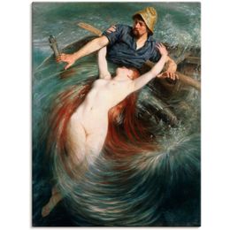 Wandbild Artland "Ein Fischer in den Fängen einer Sirene." Bilder Gr. B/H: 90 cm x 120 cm, Leinwandbild klassische Fantasie, 1 St., blau Kunstdrucke