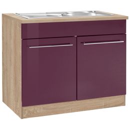 HELD MÖBEL Spülenschrank HELD MÖBEL "Eton" Schränke Gr. B/H/T: 100 cm x 85 cm x 60 cm, 2 St., lila (aubergine hochglanz) Spülenschränke