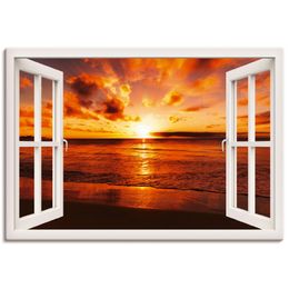 Wandbild Artland "Fensterblick Sonnenuntergang am Strand" Bilder Gr. B/H: 130 cm x 90 cm, Leinwandbild Fensterblick Querformat, 1 St., weiß Kunstdrucke