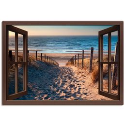Wandbild Artland "Fensterblick Weg zum Nordseestrand" Bilder Gr. B/H: 130 cm x 90 cm, Leinwandbild Strand Querformat, 1 St., beige (naturfarben) Kunstdrucke