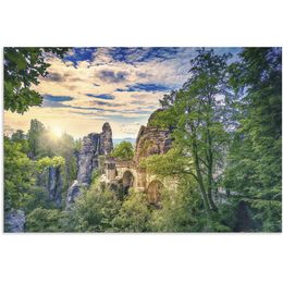 Wandbild Artland "Basteibrücke in der Sächsischen Schweiz" Bilder Gr. B/H: 120 cm x 80 cm, Alu-Dibond-Druck Felsen Querformat, 1 St., grün Kunstdrucke