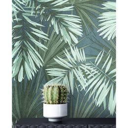 Tapete Grün Vliestapete Dschungel - Blumentapete Modern Blau Palmen Blätter Wallpaper Floral - M03 - Newroom