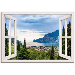 Wandbild Artland "Gardasee durchs weiße Fenster" Bilder Gr. B/H: 100 cm x 70 cm, Leinwandbild Seebilder Querformat, 1 St., grün Kunstdrucke